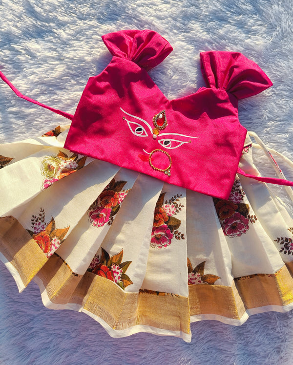 Dasara Collection 2024 || Pink Top and Kerala Cotton Floral Print Bott ...